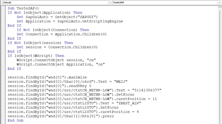 SAP GUI Scripting com Excel VBA